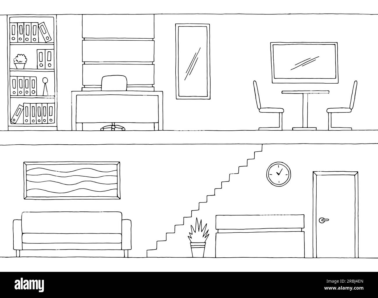 Two storey office graphic black white interior sketch illustration ...
