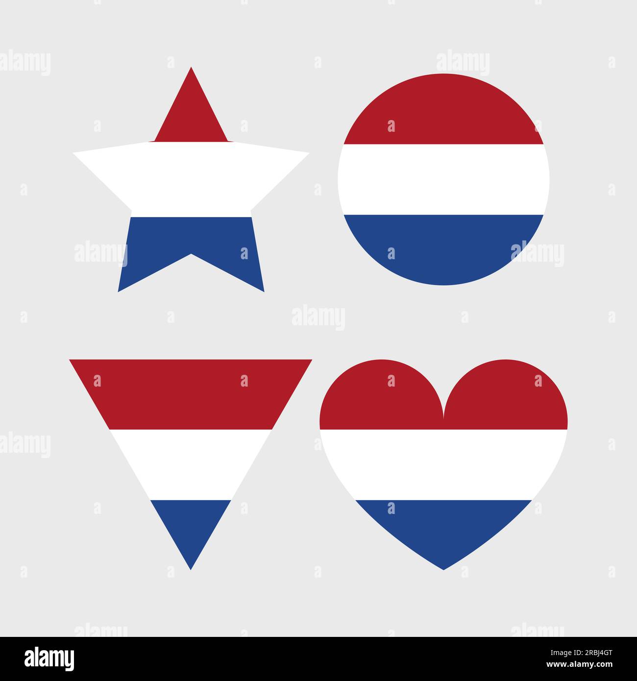 The Netherlands flag vector icons set in the shape of heart, star, circle and map. Dutch flag ...