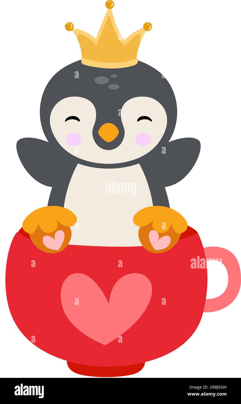 Cute penguin with crown on head inside love cup Stock Photo - Alamy
