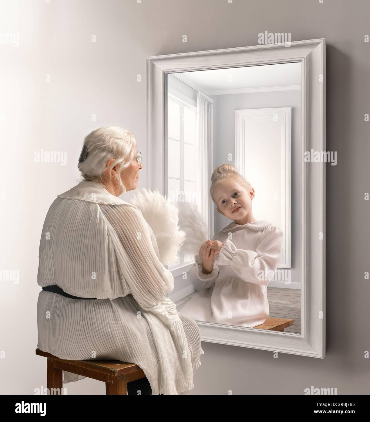 Creative conceptual collage. Senior lady, woman looking in mirror with ...