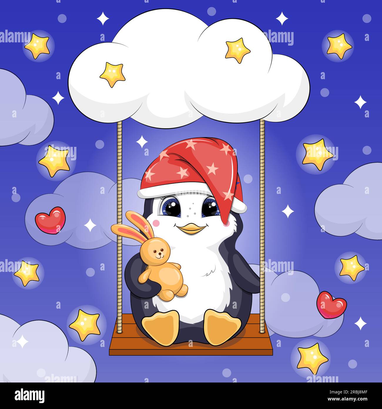 Cute cartoon penguin on a swing. Night vector illustration with an ...