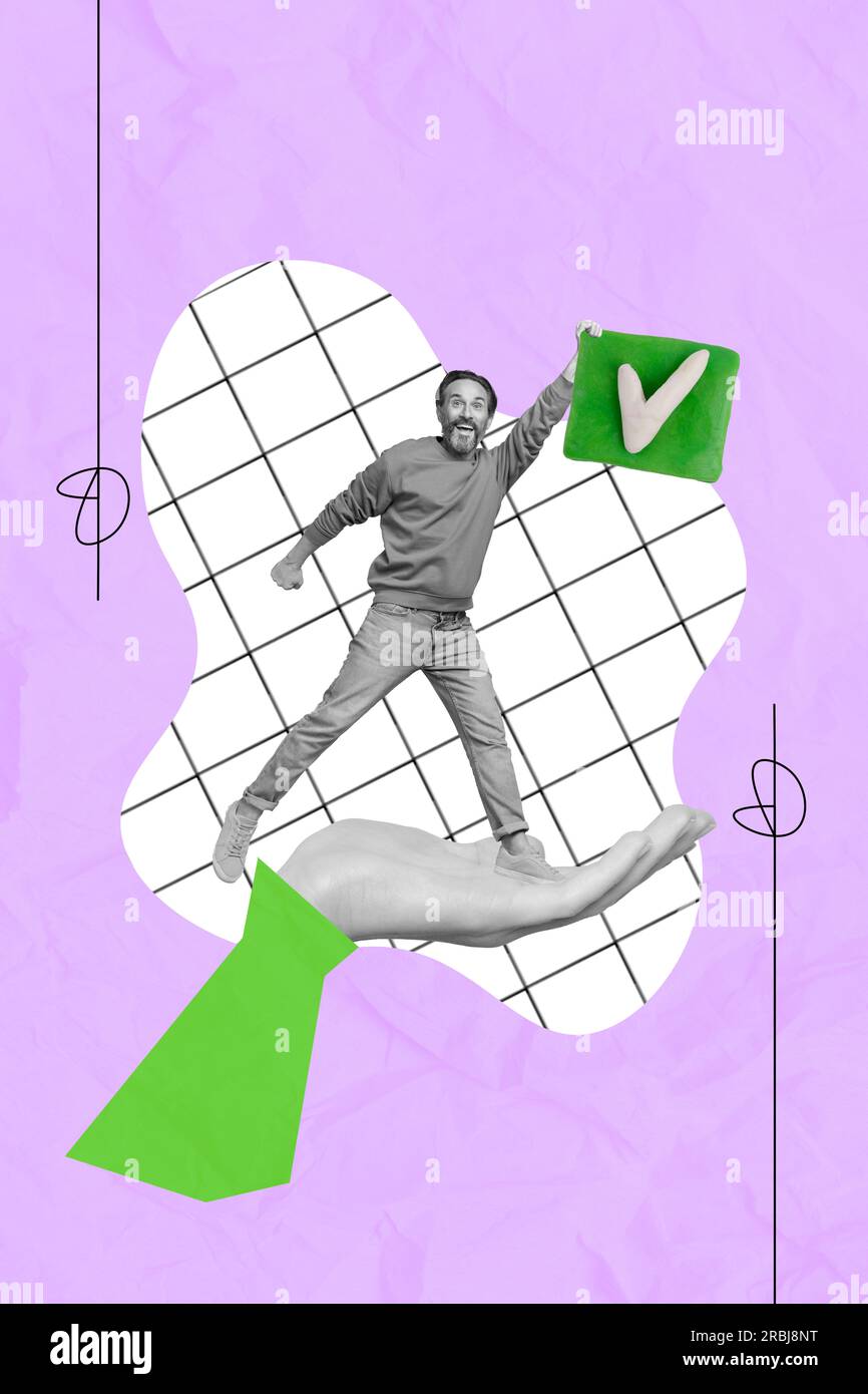 Vertical image artwork collage of crazy excited elderly man ...