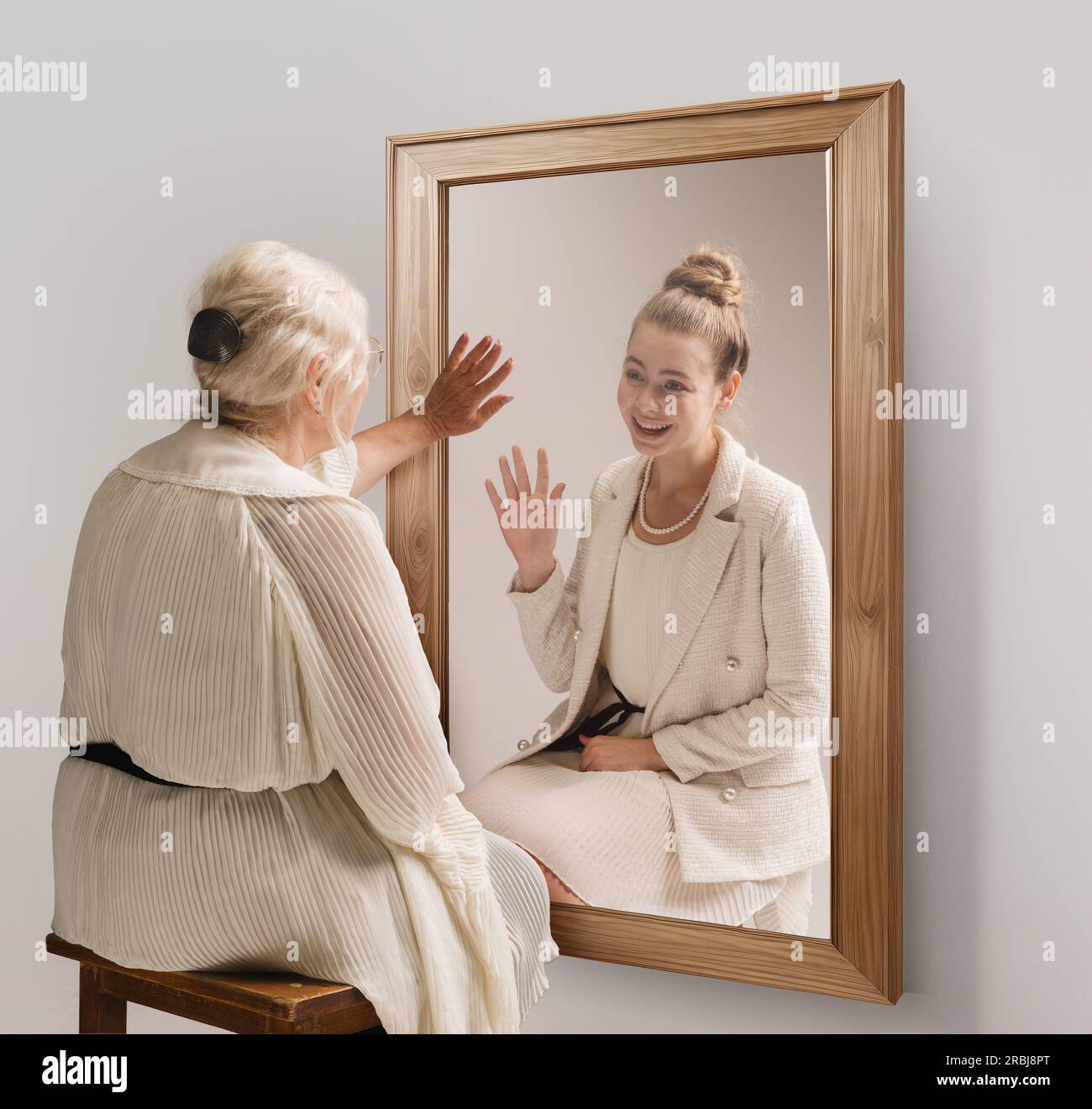 Creative conceptual collage. Tender image of senior woman looking in ...