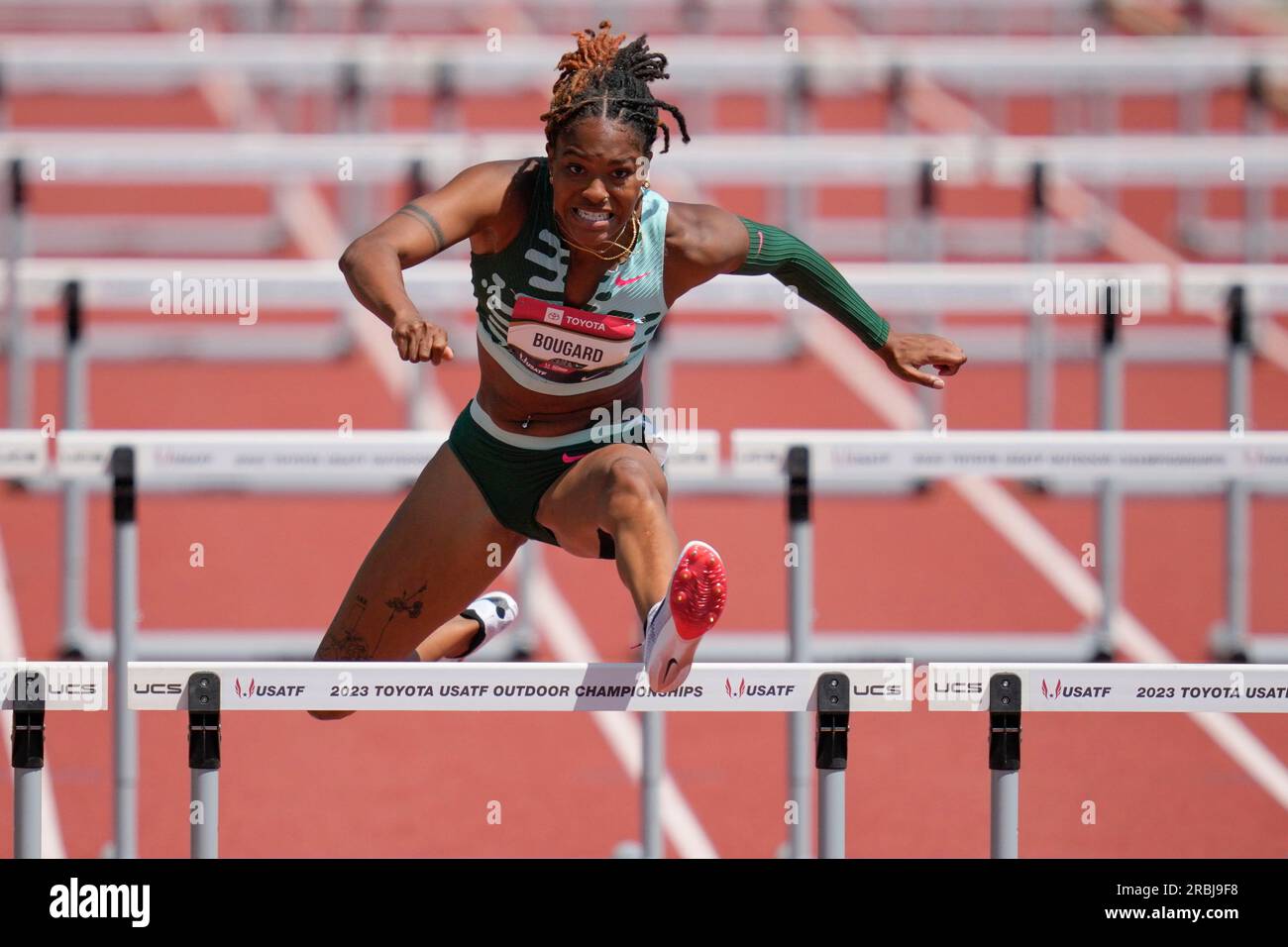 Erica Bougard competes for Nike in the women's 100 meter heptathlon ...