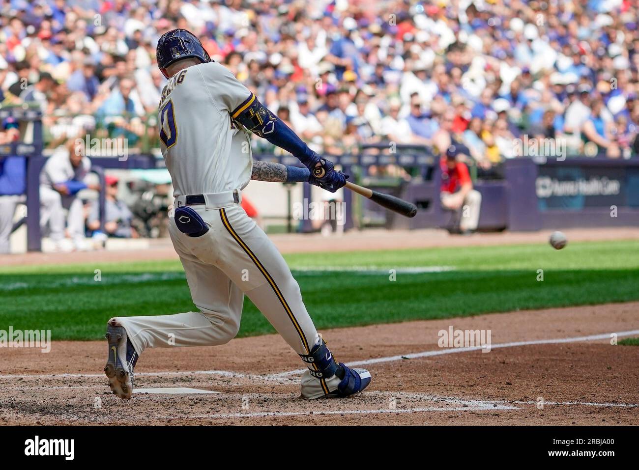 Milwaukee Brewers' Brice Turang hits a double during the sixth inning ...