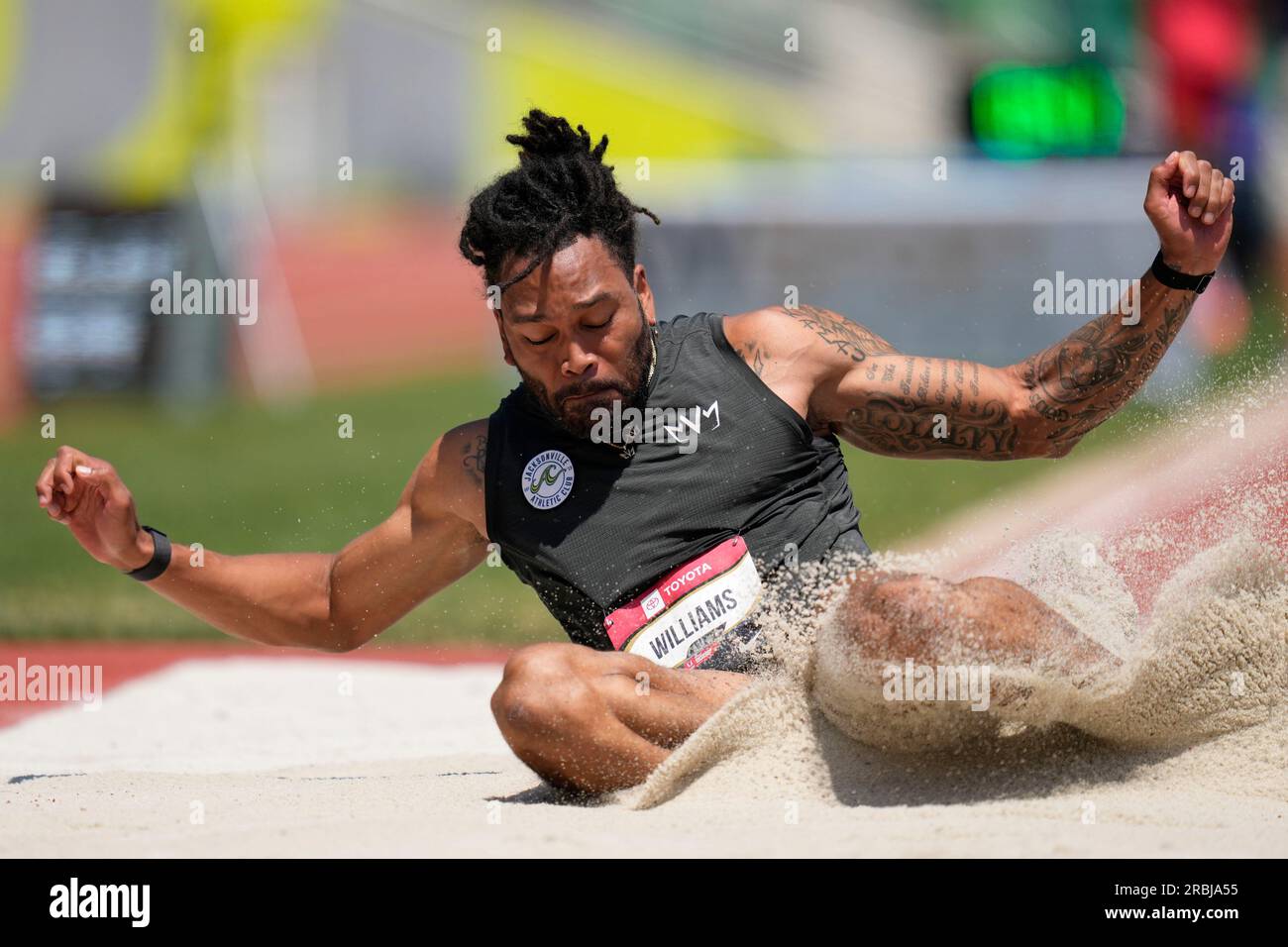 Devon Williams competes in the decathlon long jump during the 2023 ...
