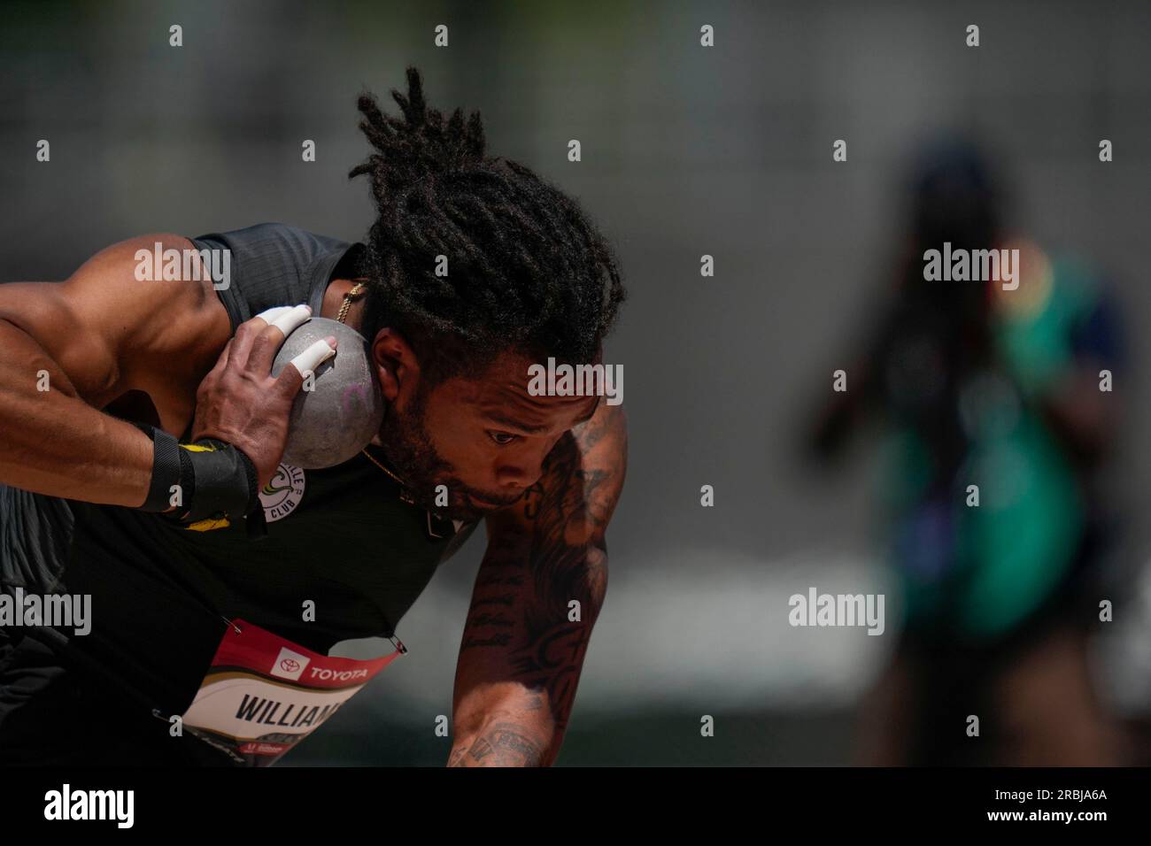 Devon Williams competes in the decathlon shot put during the 2023 USATF ...