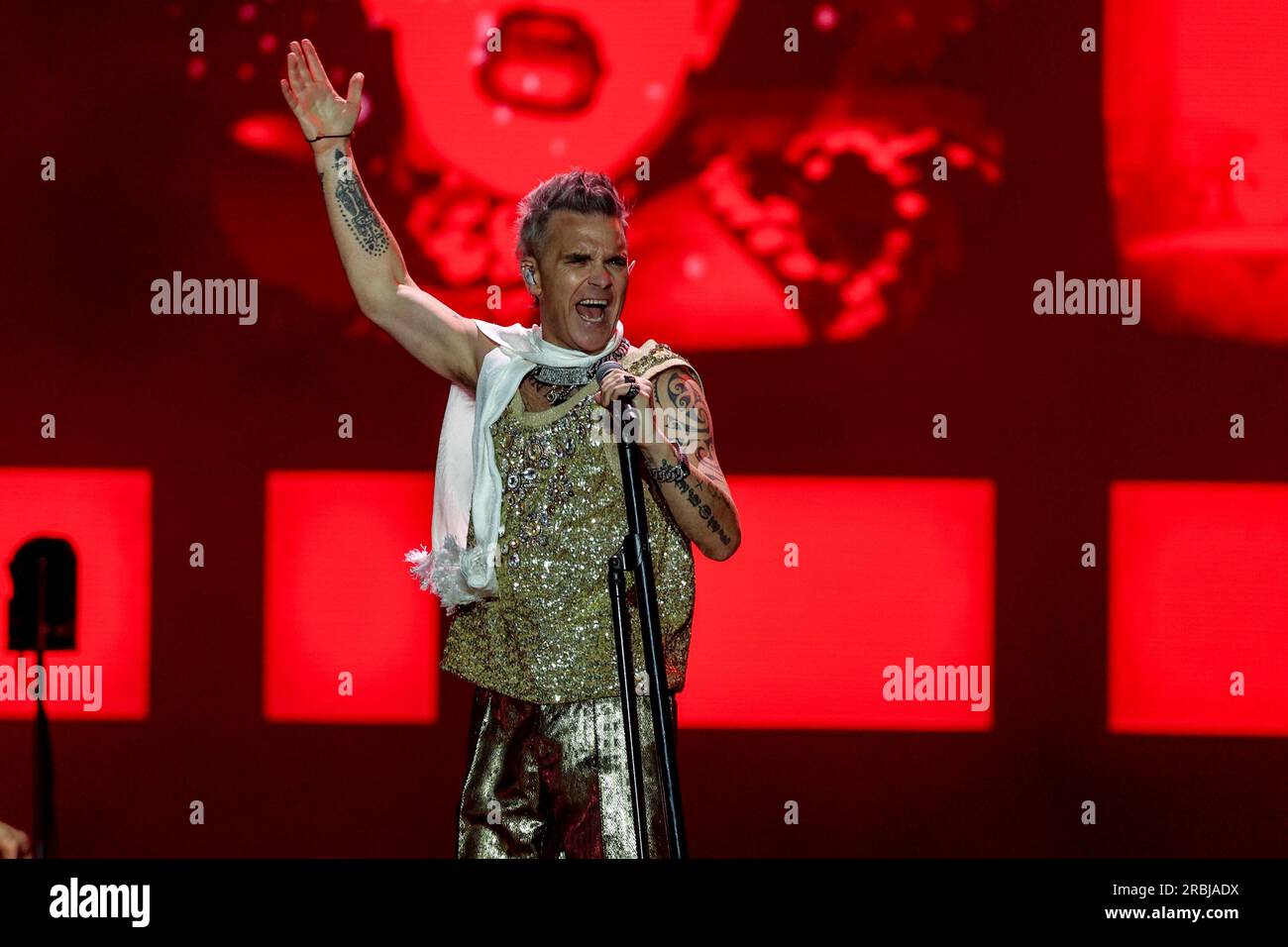 Singer Robbie Williams during a performance on the first day of the Mad ...