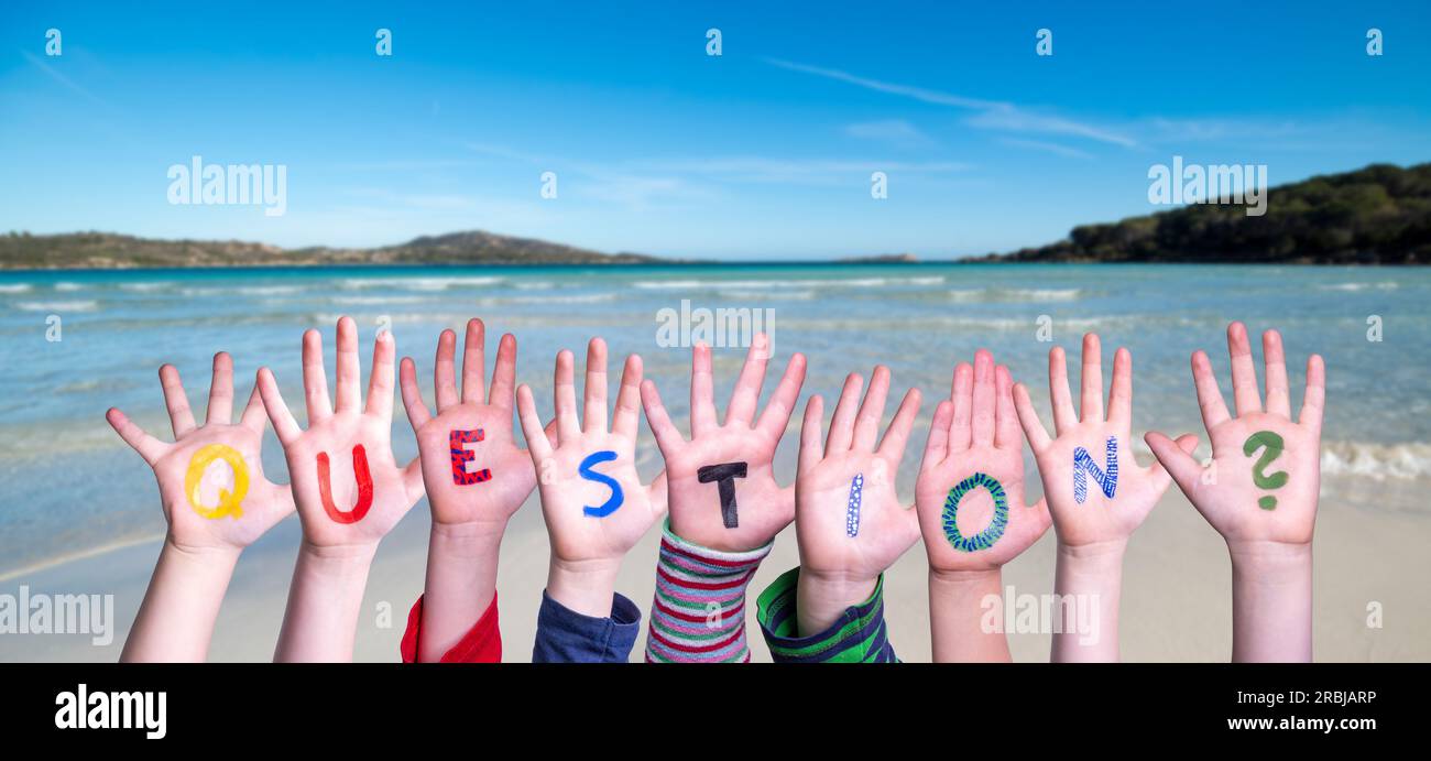 Children Hands Building Word Question, Sea And Ocean Background Stock ...