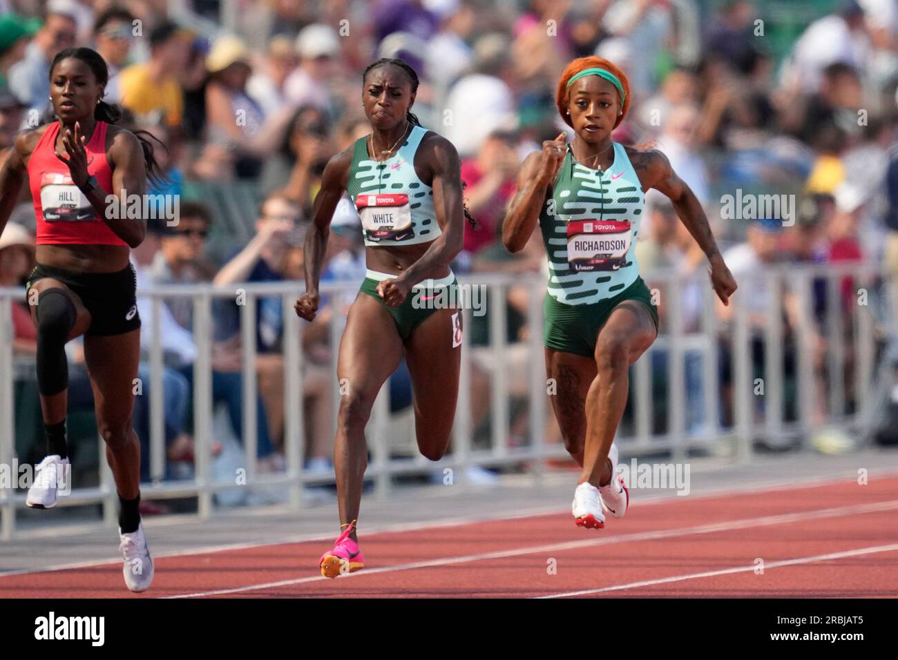 Sha'Carri Richardson competes against Kayla White and Candace Hill ...