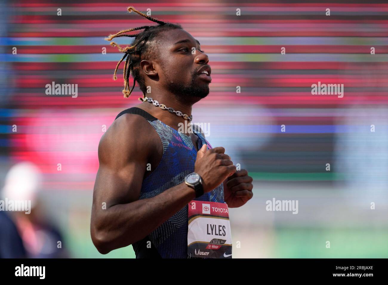 Noah Lyles pulls back after finishing second in his men's 100 meter ...
