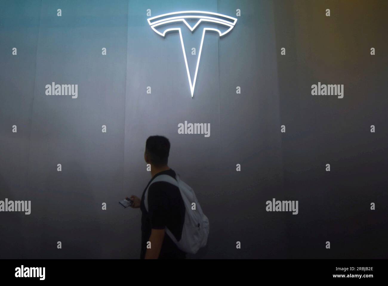 A man walks by the booth of Tesla at the World Artificial Intelligence ...