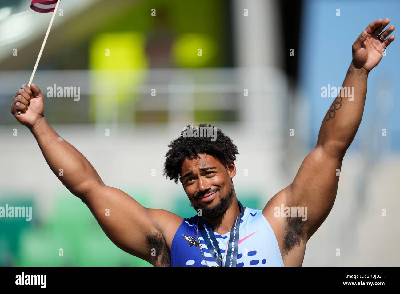 Sam Mattis reacts after winning the gold medal in the men's discus ...