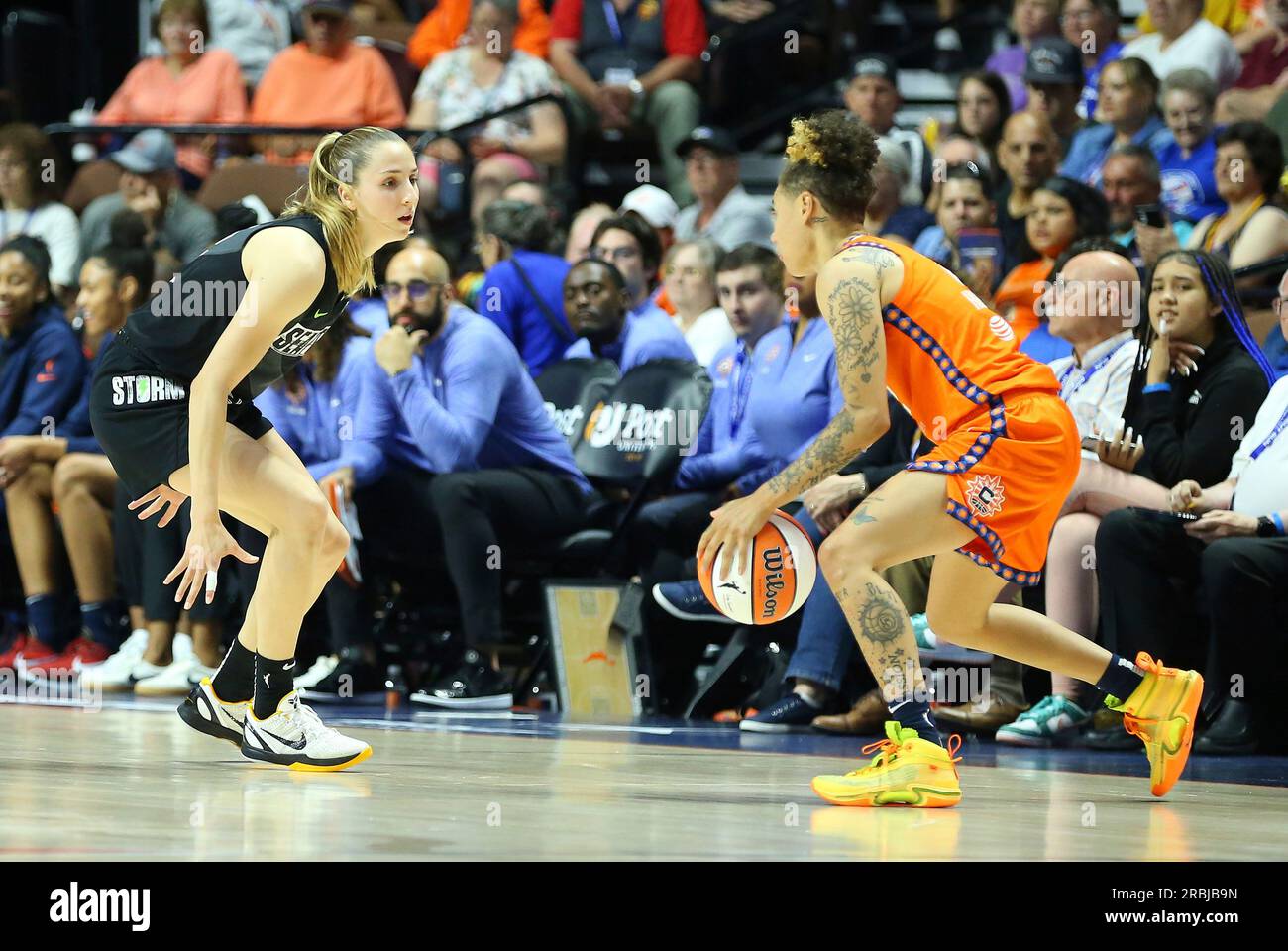 UNCASVILLE, CT - JULY 06: Seattle Storm guard Ivana Dojkic (18) defends ...
