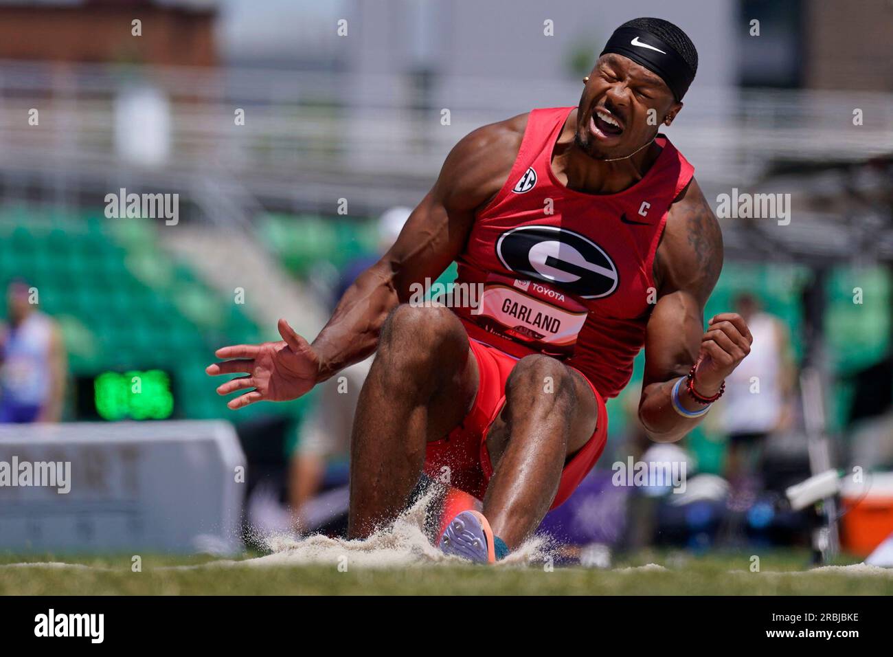 Kyle Garland competes in the men's decathlon long jump during the U.S ...