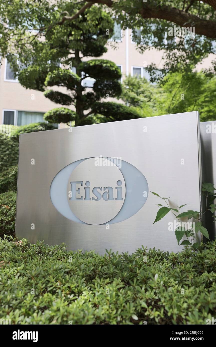 The logo of Japanese pharmaceutical company Eisai Co., Ltd. is seen at ...