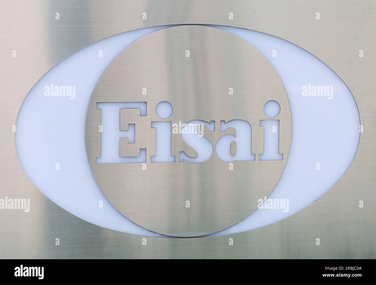 The logo of Japanese pharmaceutical company Eisai Co., Ltd. is seen at ...