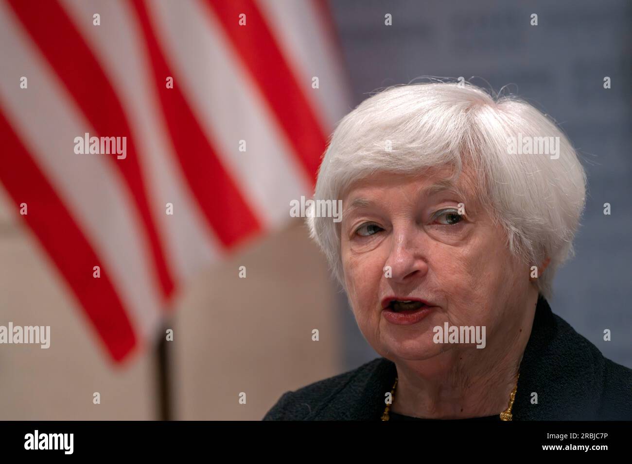 U.S. Treasury Secretary Janet Yellen speaks during a roundtable meeting ...