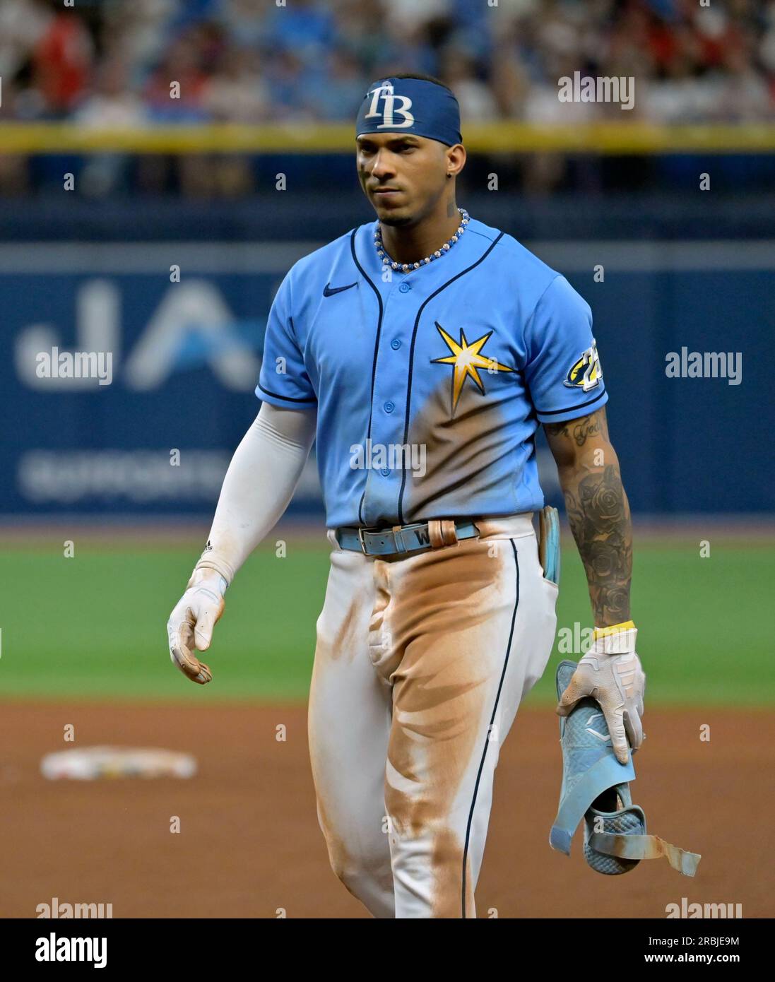 Tampa Bay Rays' Wander Franco walks to the dugout after flying out ...
