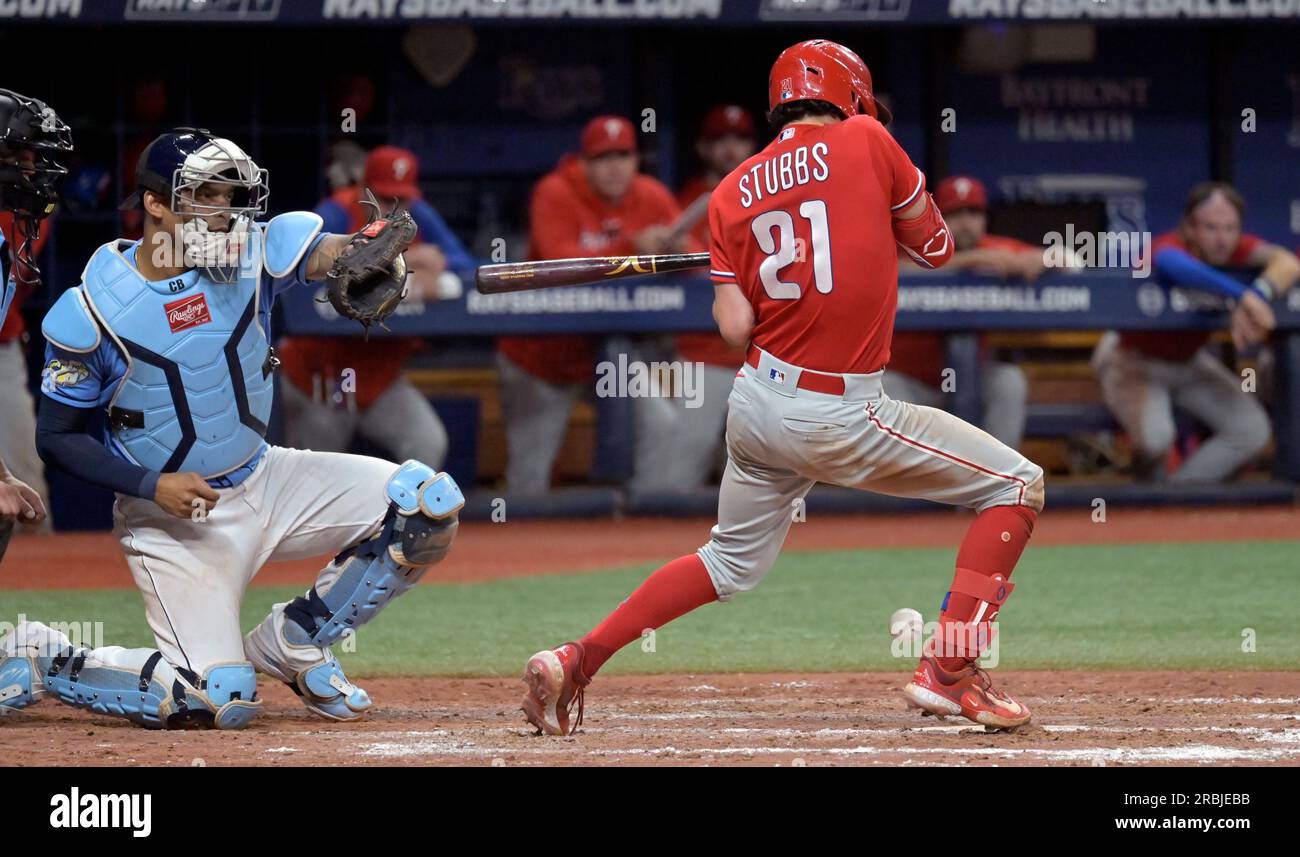 Philadelphia Phillies' Garrett Stubbs (21) is hit by a pitch as Tampa ...