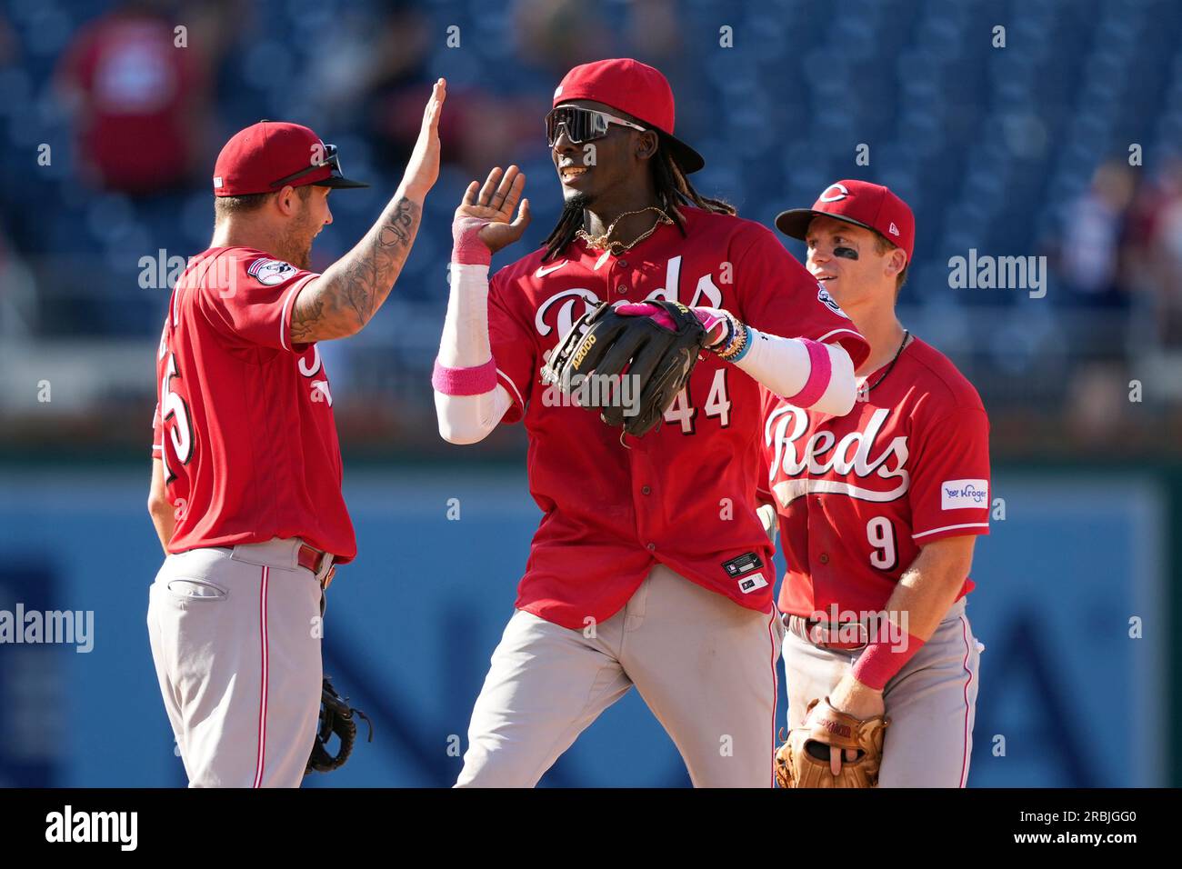 Cincinnati Reds' Nick Senzel, from left, Elly De La Cruz and Matt ...