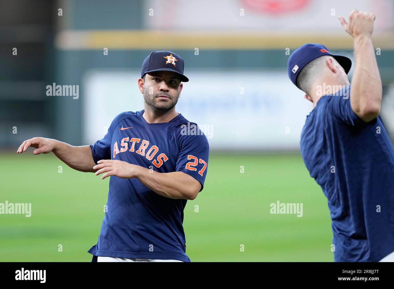 Houston Astros second baseman Jose Altuve, currently on the injured list, Stretches with third ...