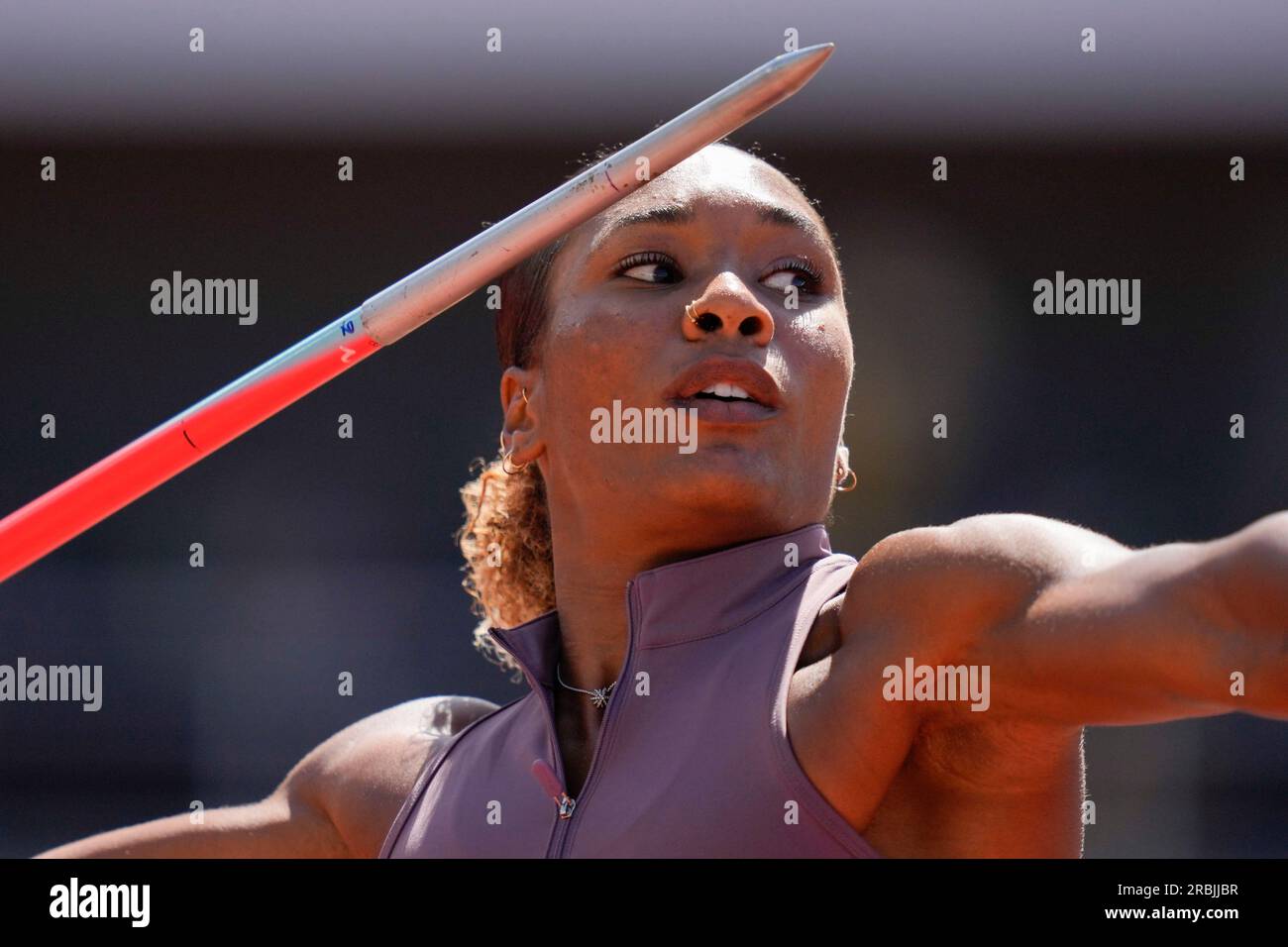 Michelle Atherley competes in the javelin throw for the women's ...