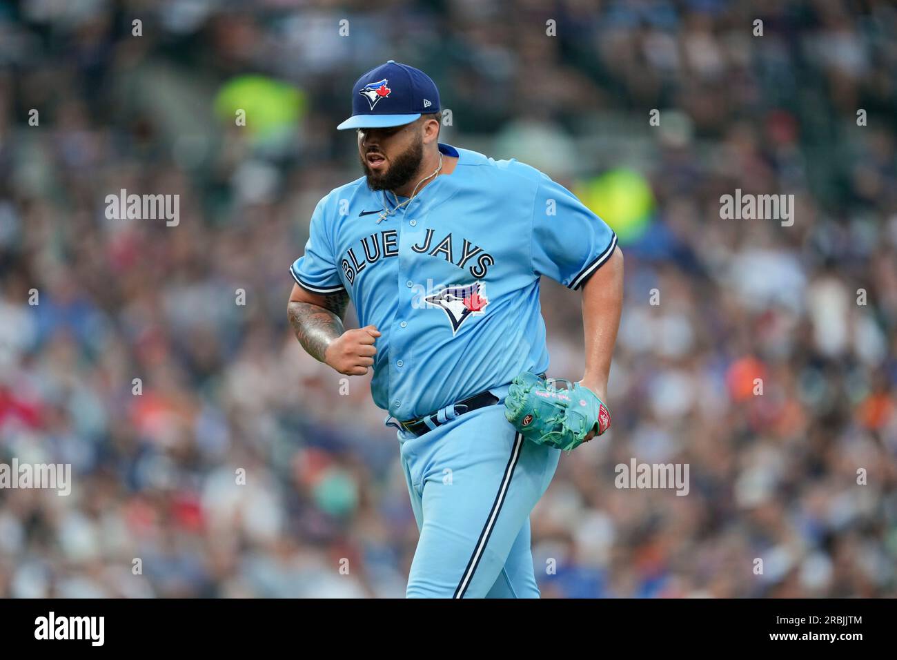 Toronto Blue Jays pitcher Alek Manoah pumps his fist leaving the mound ...