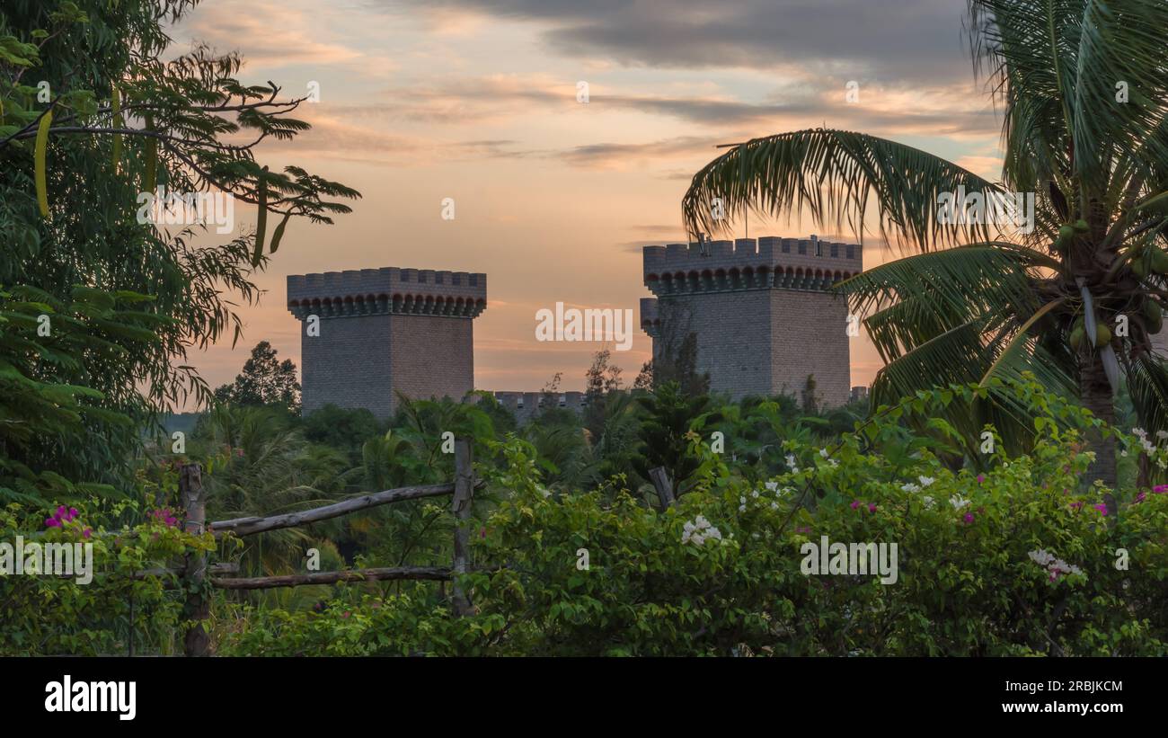 Good morning concept. Nature landscape background. Towers castle green ...