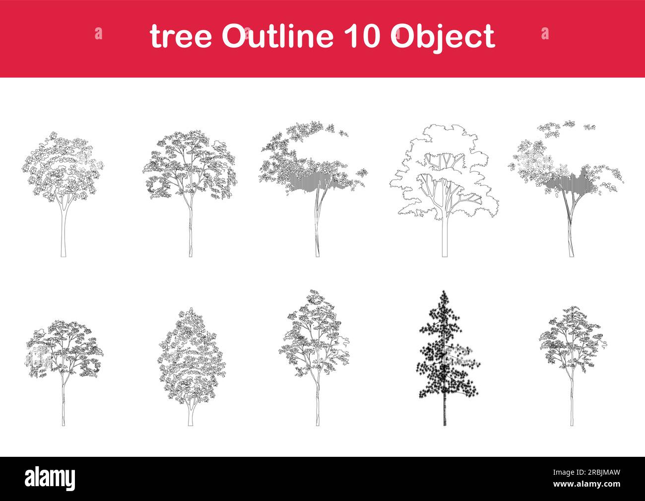 tree line drawing, Side view, graphics trees elements single object outline minimal plant symbol ...