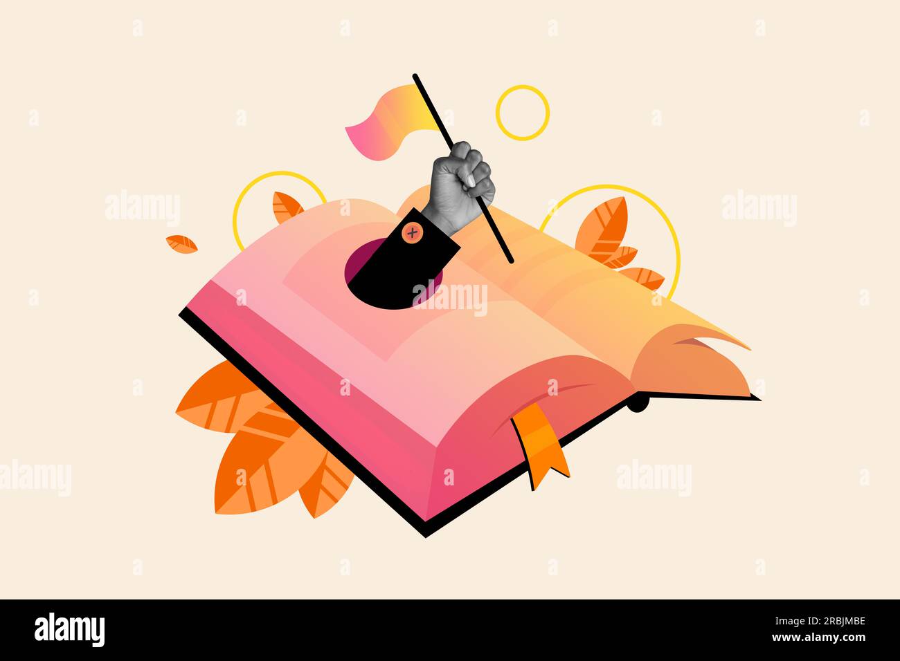 Collage metaphor picture illustration hand hold flag inside book ...