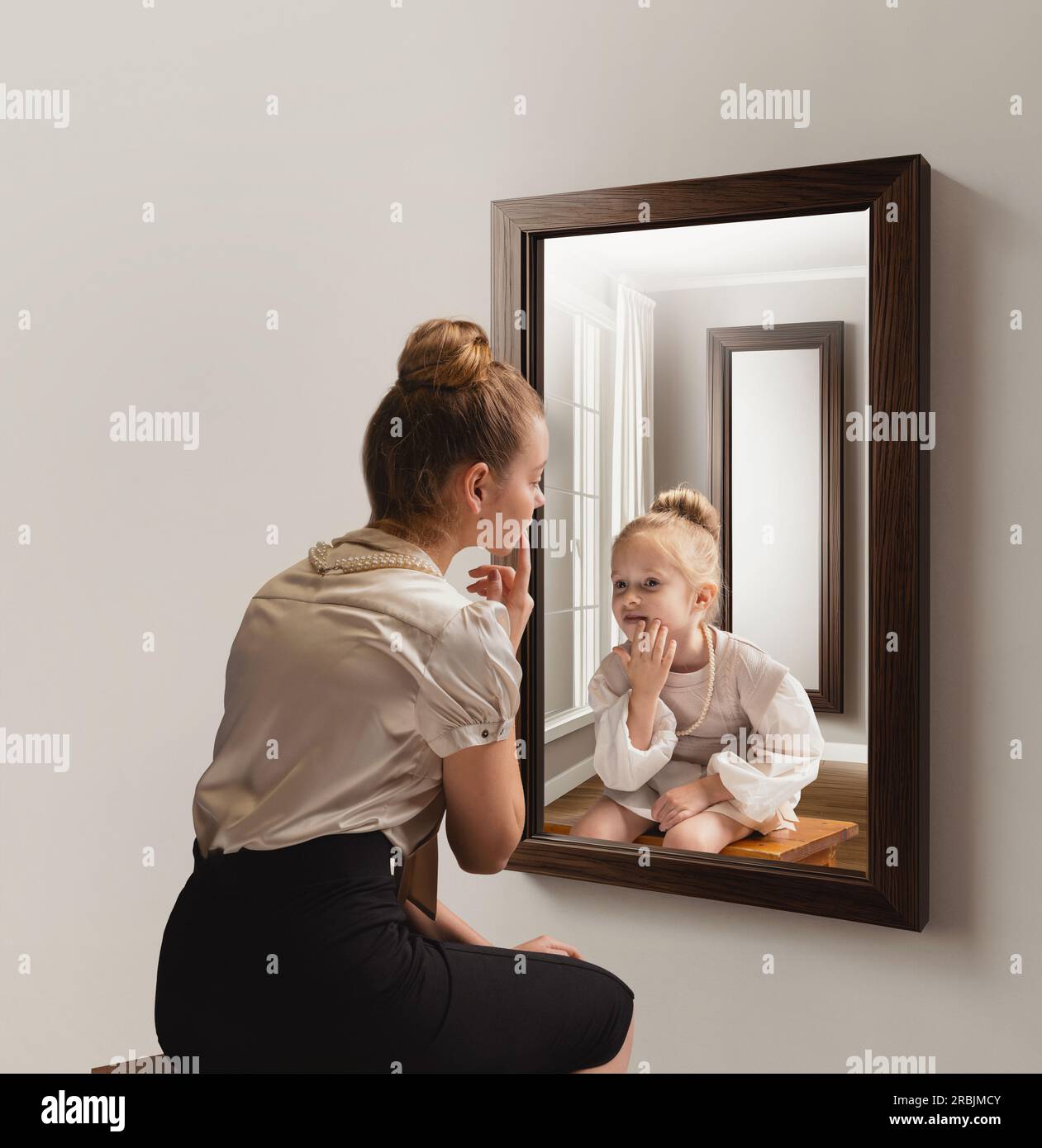 Creative conceptual collage. Young woman looking in mirror and seeing ...