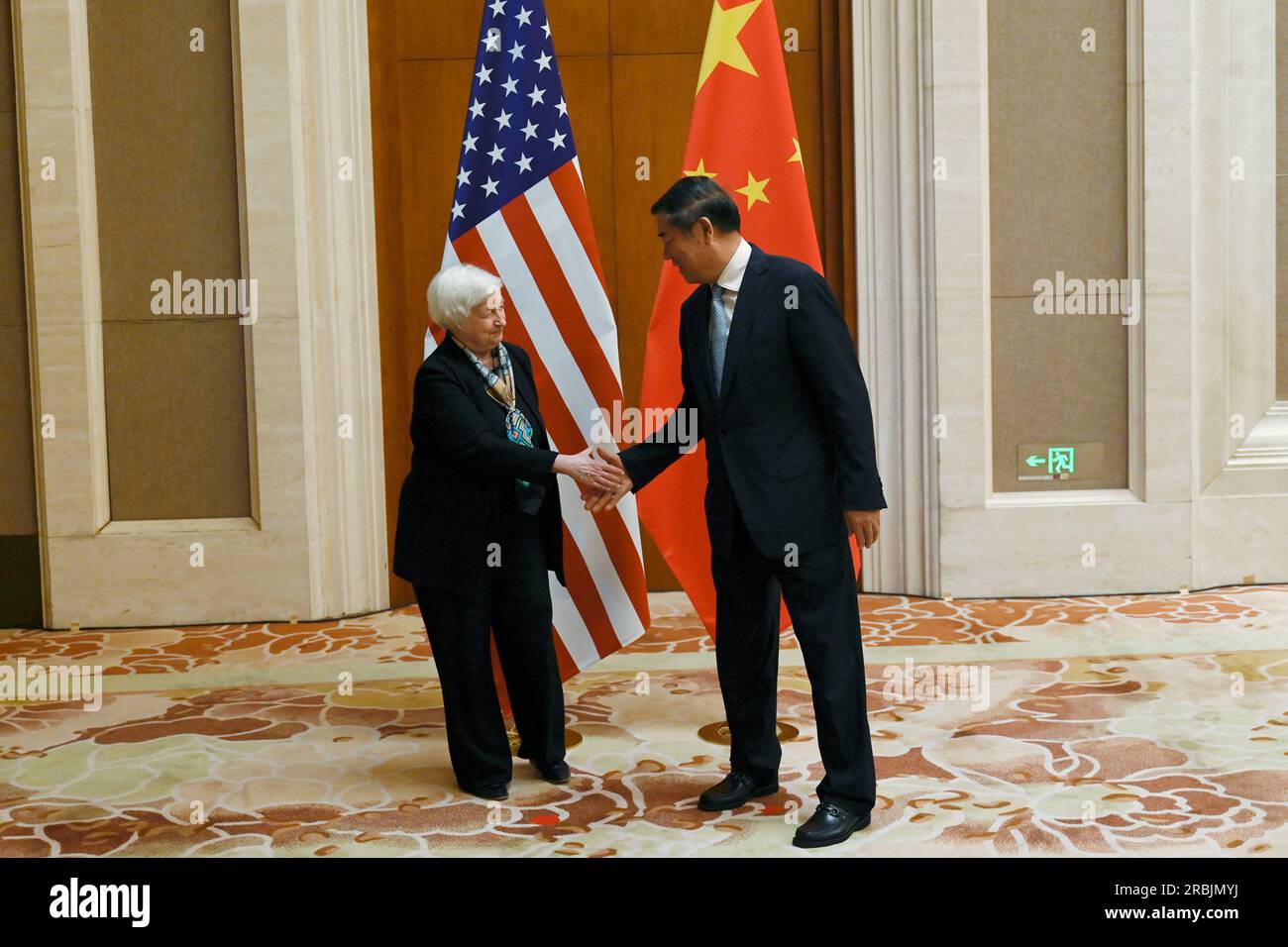 U.S. Treasury Secretary Janet Yellen, left, shakes hands with China's Vice Premier He Lifeng ...