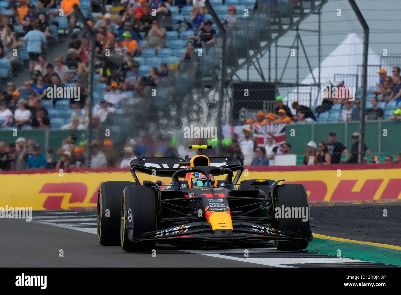 Red Bull driver Sergio Perez of Mexico steers his car during the third free practice at the ...