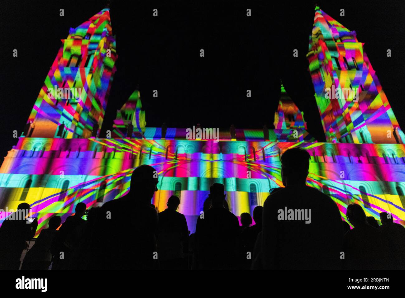 The facade of the Cathedral of Pecs is illuminated during the 7th ...