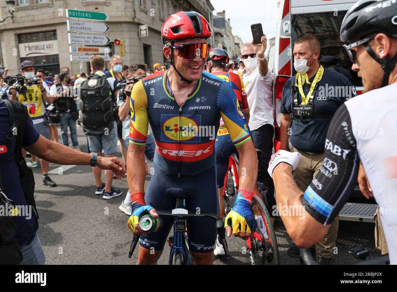 Denmark's Mads Pedersen smiles after winning the eighth stage of the ...