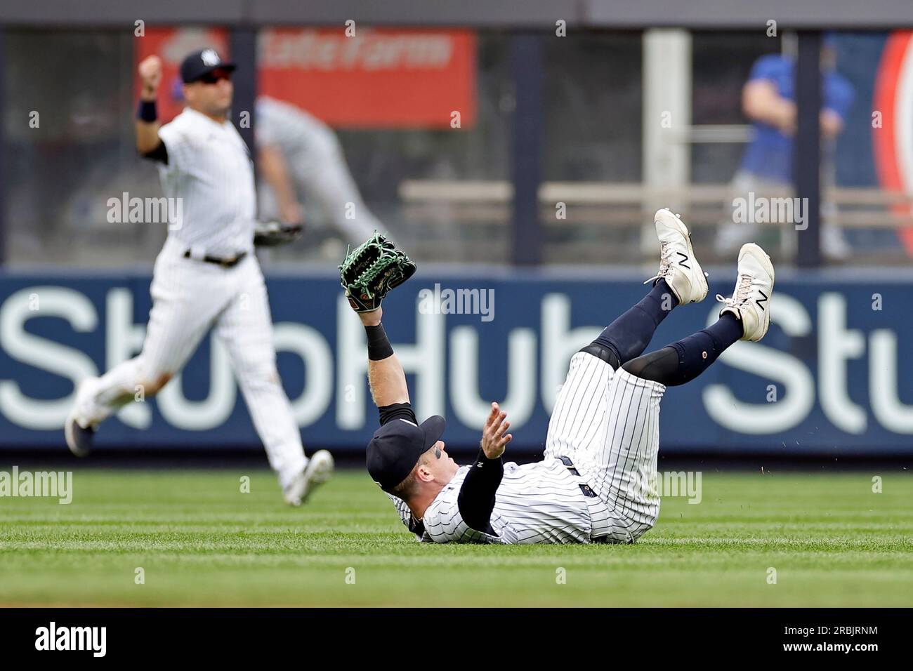 New York Yankees center fielder Harrison Bader reacts after making a ...