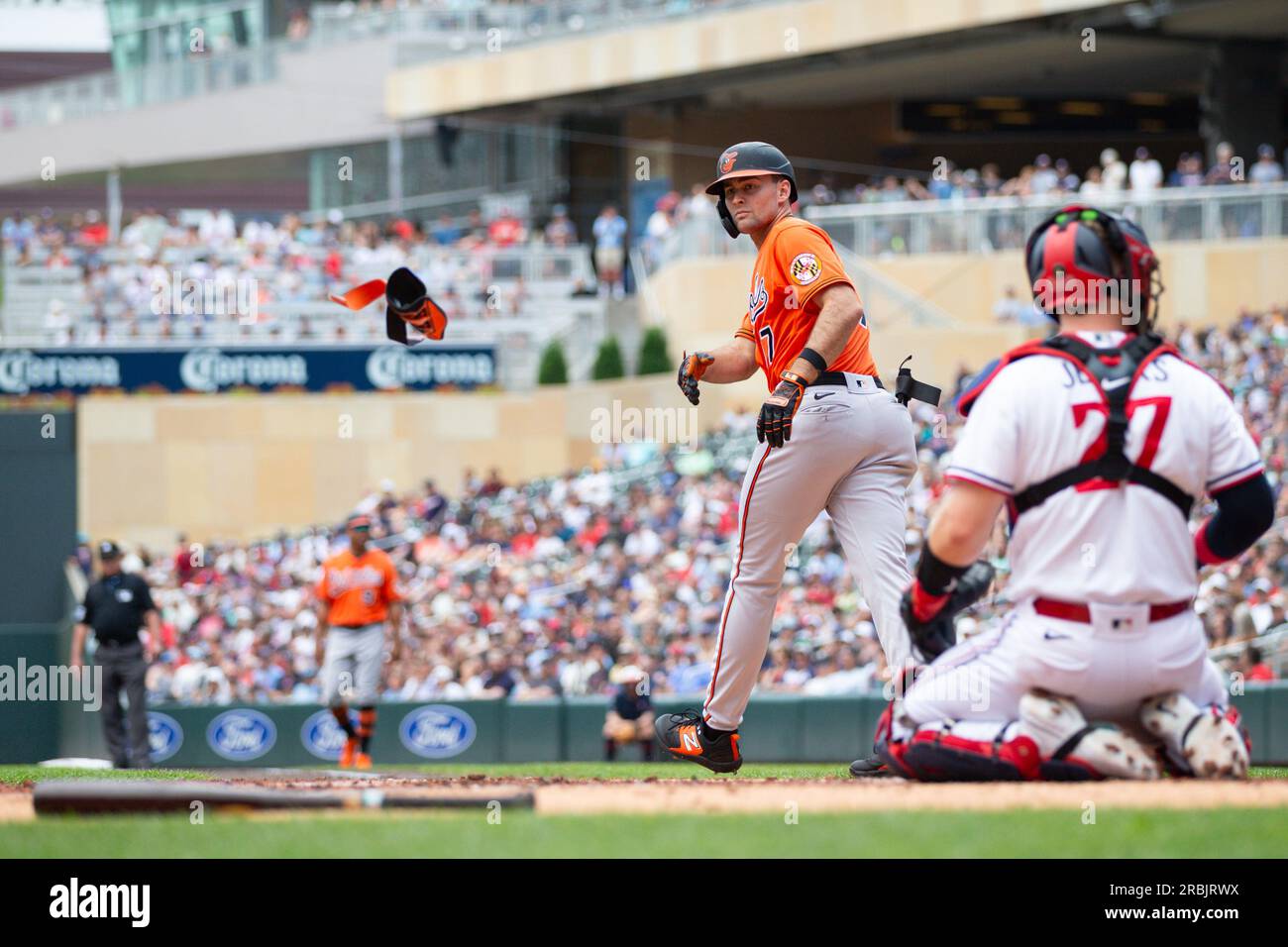 Baltimore Orioles' Colton Cowser tosses his batting gear away after ...