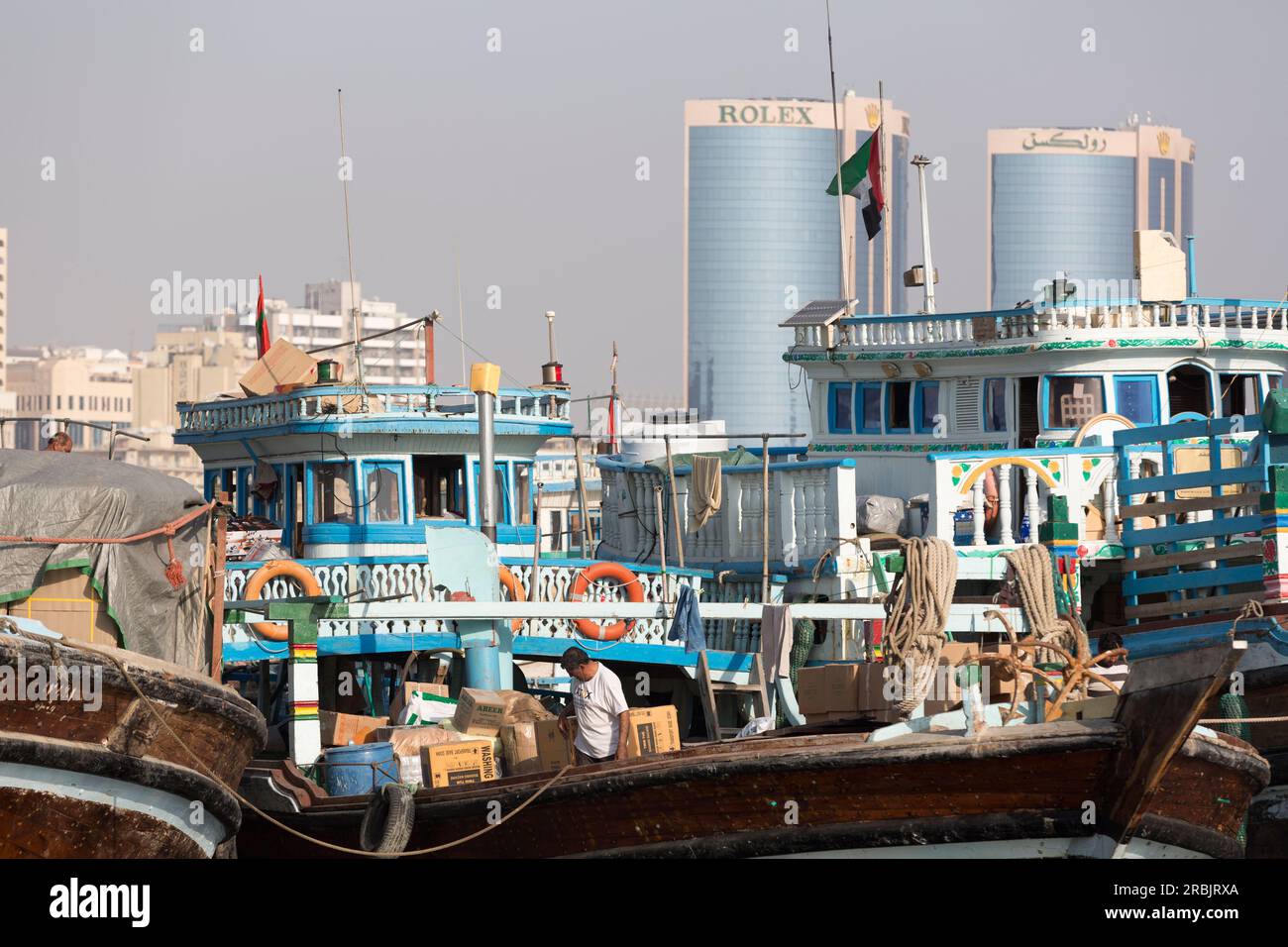 UAE, Dubai, trading dhow along the creek side trading white goods Stock ...