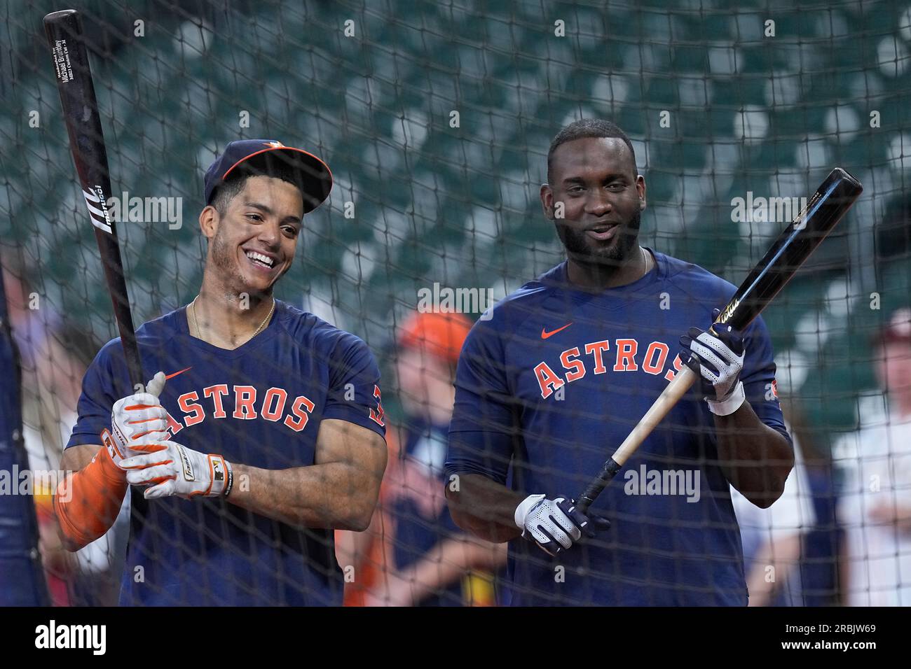 Houston Astros shortstop Jeremy Pena and outfielder Yordan Alvarez talk ...