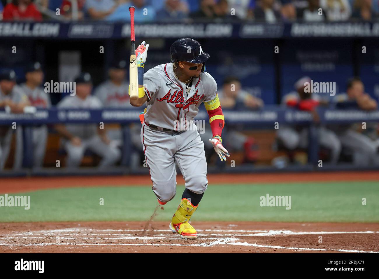 Atlanta Braves' Ronald Acuna Jr. watches his double against the Tampa ...