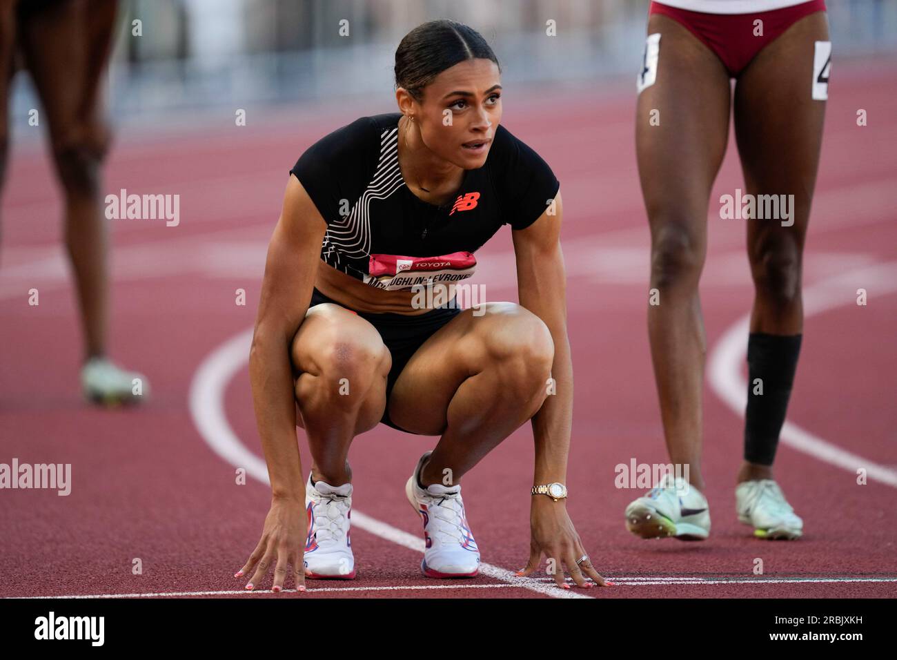 Sydney McLaughlin-Levrone catches her breath after winning the women's ...