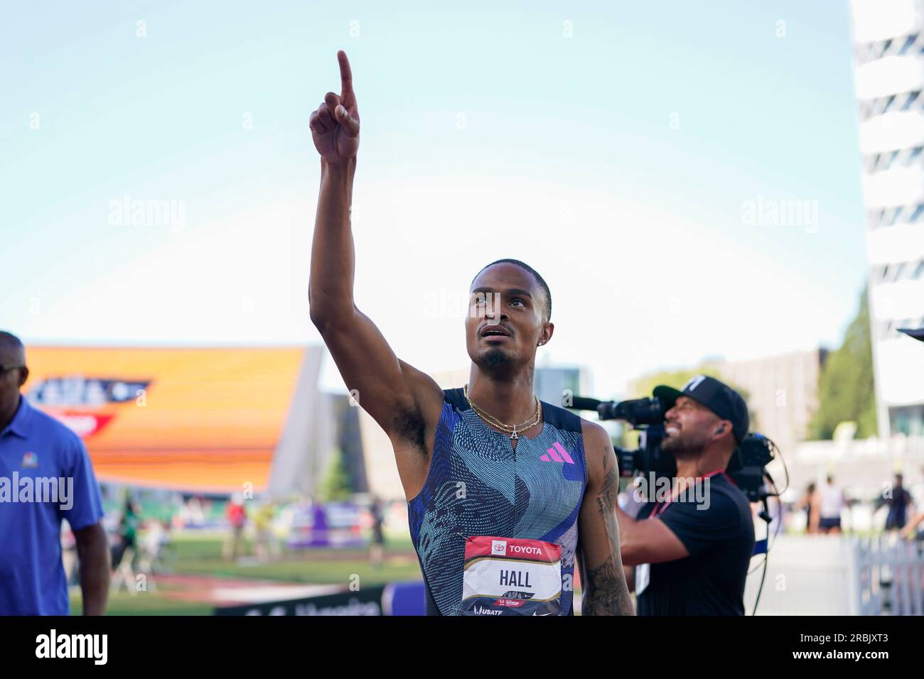 Third place finisher Quincy Hall reacts after competing in the men's ...