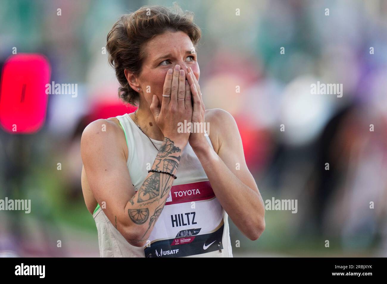 Nikki Hiltz reacts after winning the women's 1500 meter final during ...