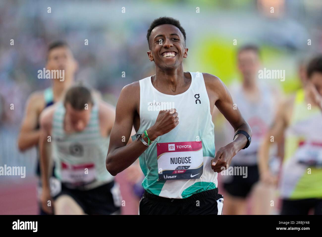 Yared Nuguse reacts as he crosses the finish line to win the men's 1500 ...