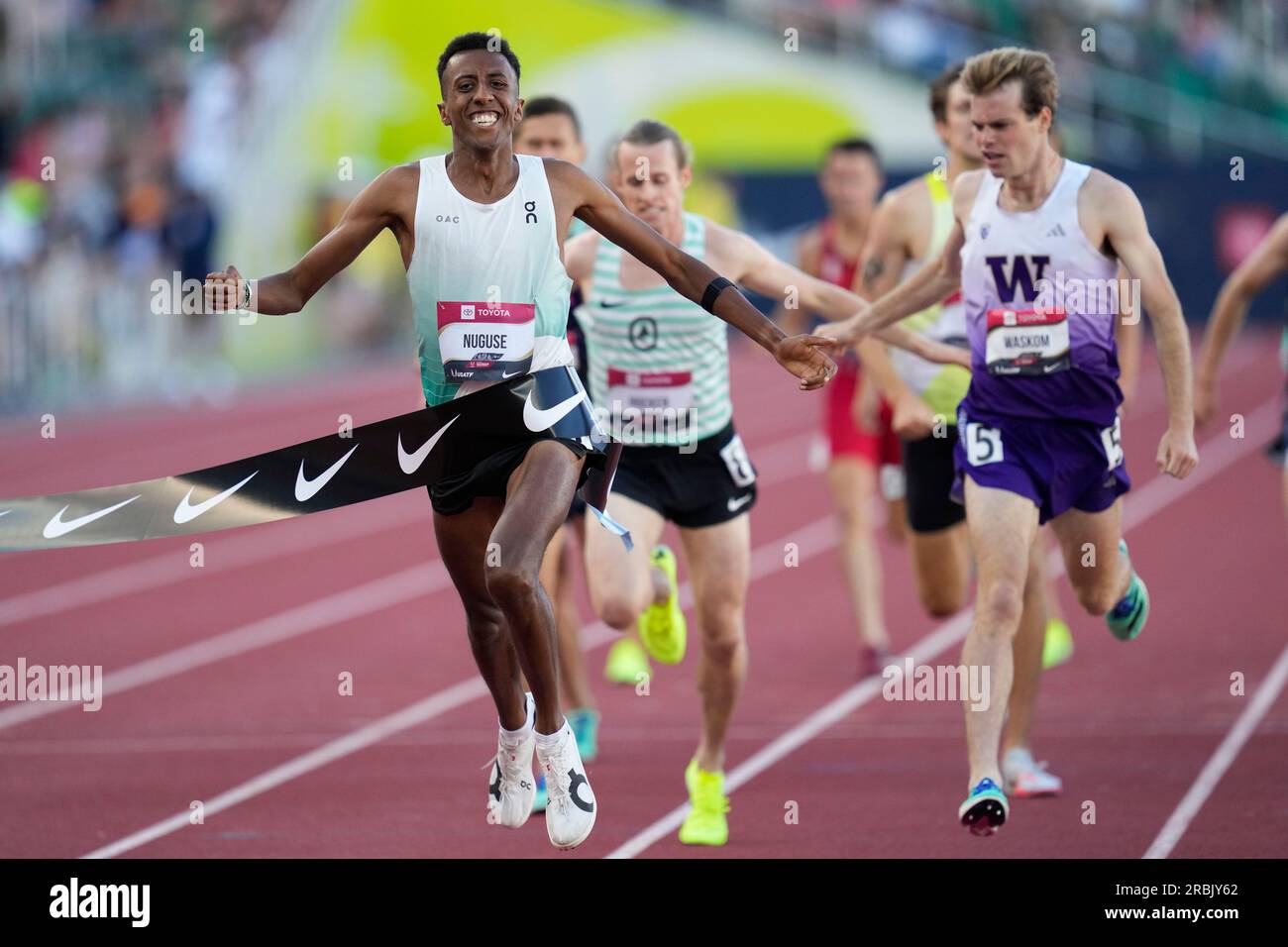 Yared Nuguse crosses the finish line to win the men's 1500 meter final during the U.S. track and ...