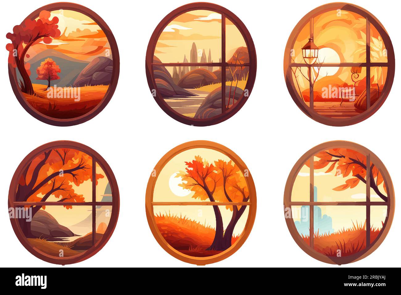 ui set vector illustration of autumn forest view from window isolate on ...