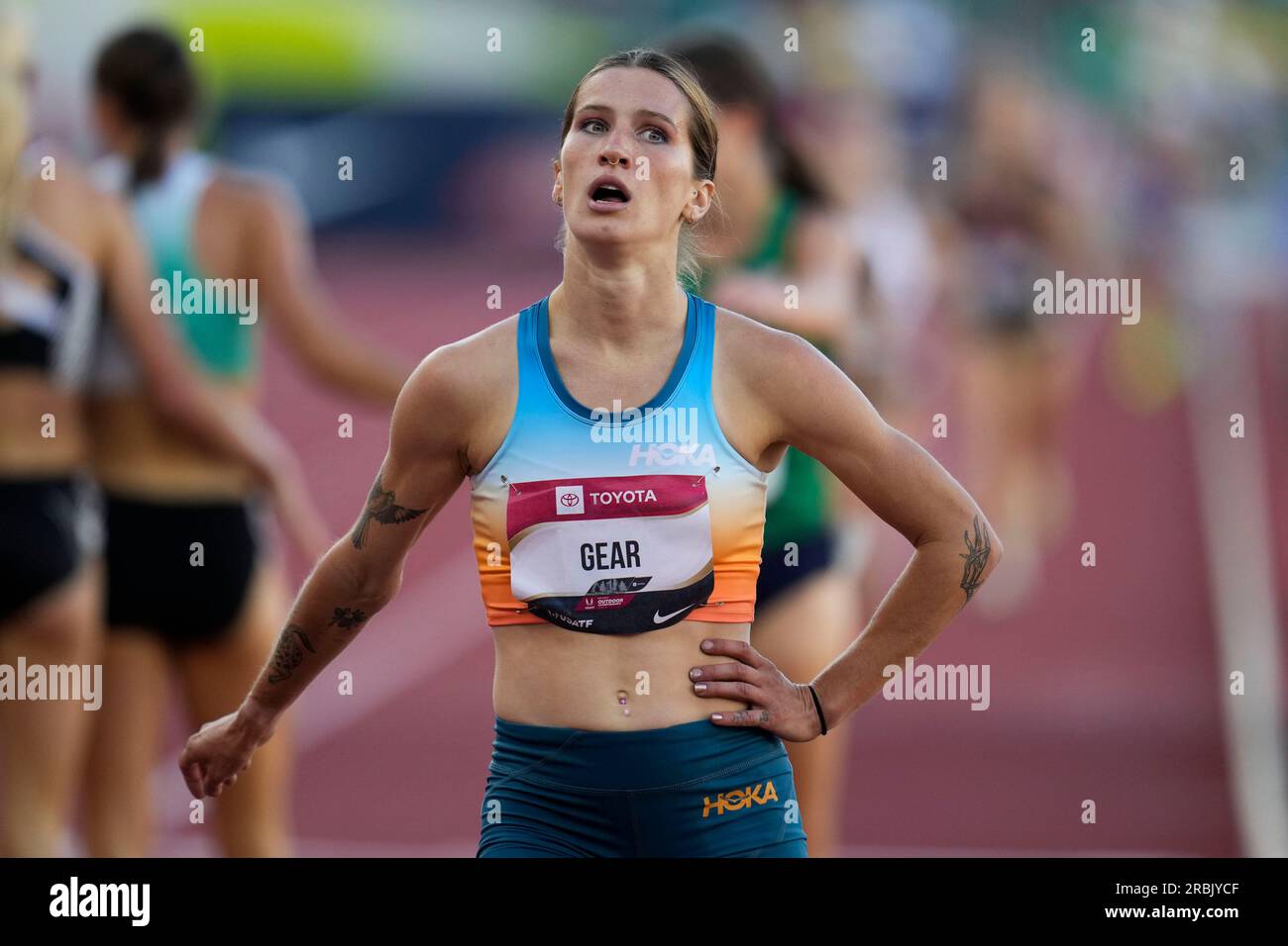 Krissy Gear reacts after winning the women's 3000 meter steeplechase ...