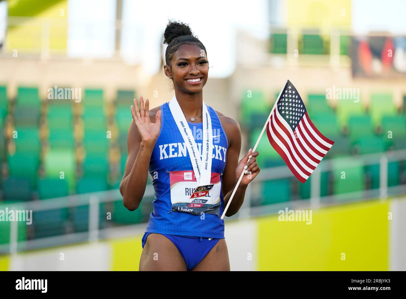 Masai Russell, bronze medalist in the women's 3000 meter steeplechase ...