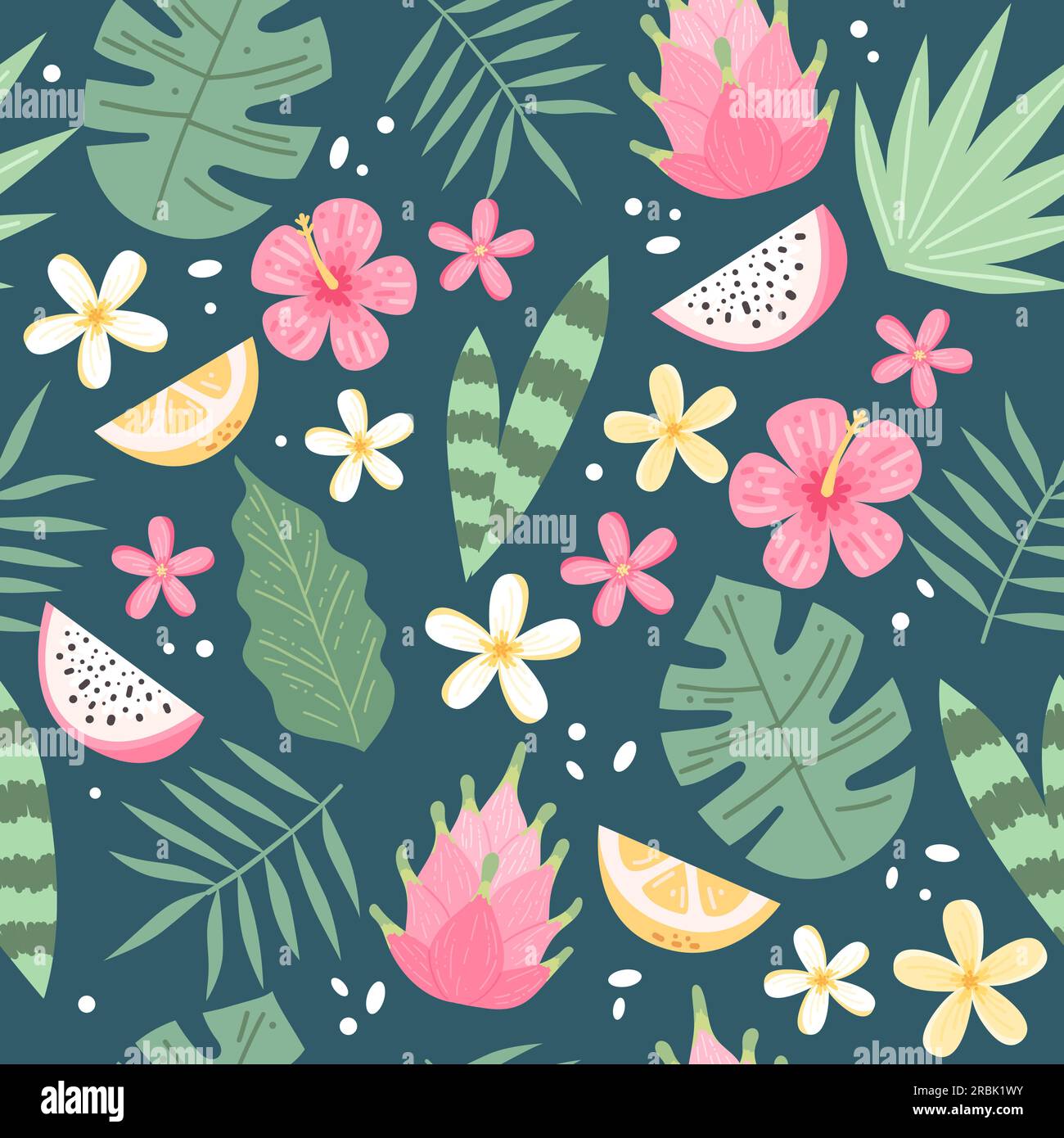 Tropical leaves and flowers seamless patterns on dark green background ...